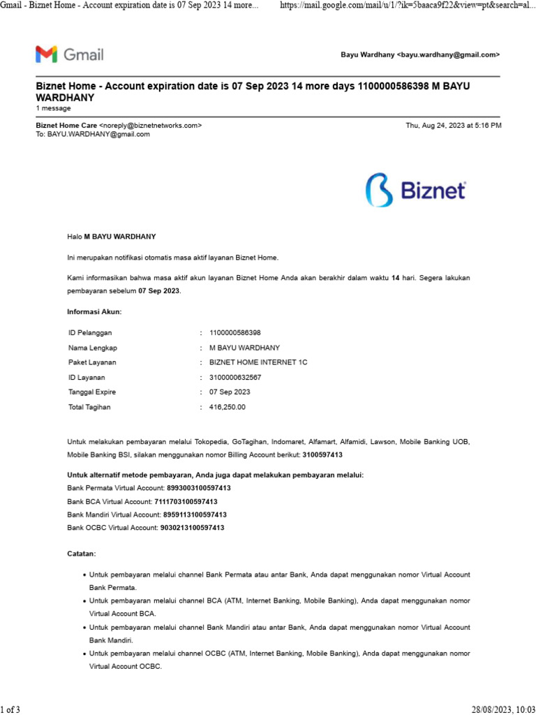Gmail - Biznet Home - Account Expiration Date | PDF