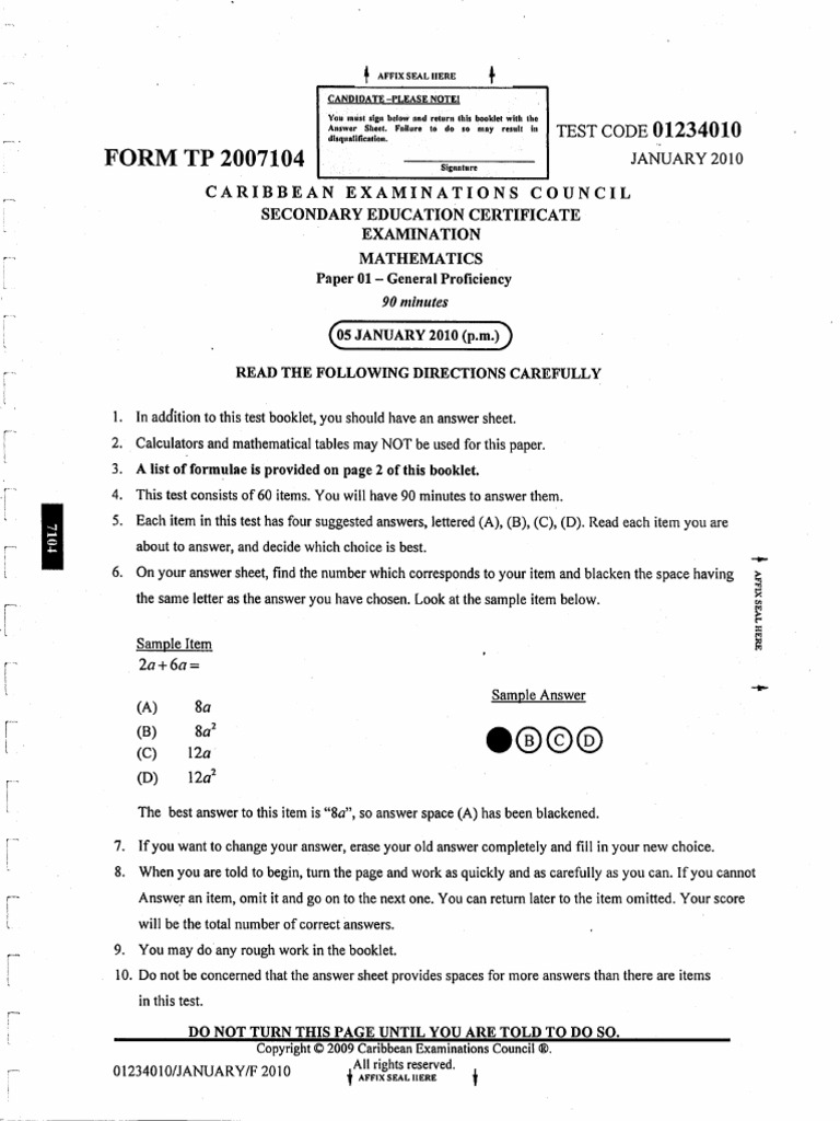 Csec January 2010 Mathematics Mcq Pdf