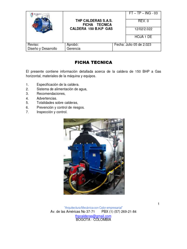 Ficha Técnica: Caldera 150 BHP Gas | PDF | Vapor | Caldera