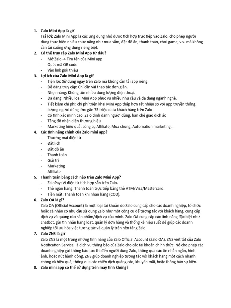 Câu hỏi về Zalo Mini App | PDF