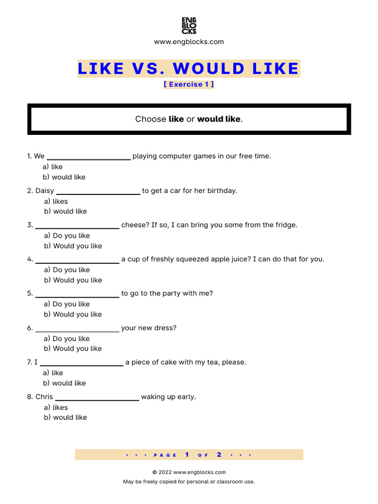 Like Vs Would Like Exercise 1 | PDF | Part Of Speech | Languages