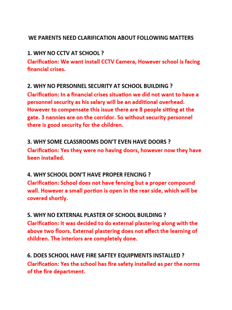 We Parents Need Clarification About Following Matters | PDF