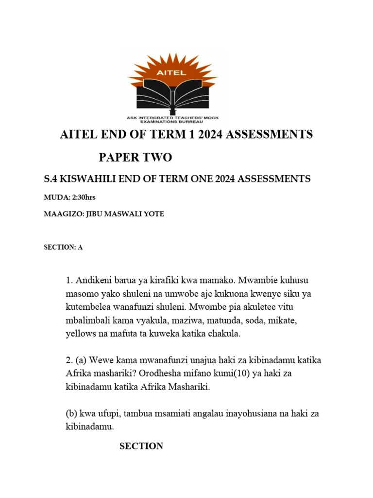Aitel S.4 Kisw Paper Two E.O.T 2024 Assessments | PDF
