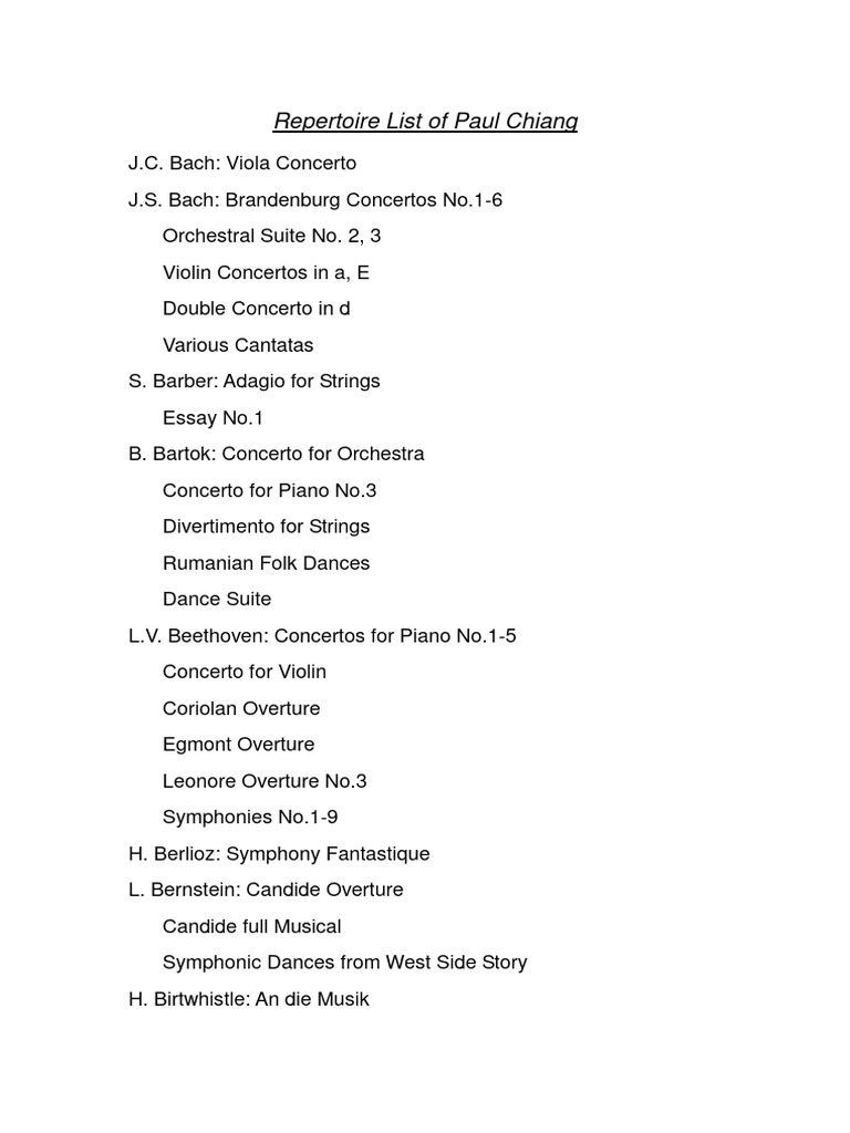 Repertoire List | PDF | Concerto | Symphony