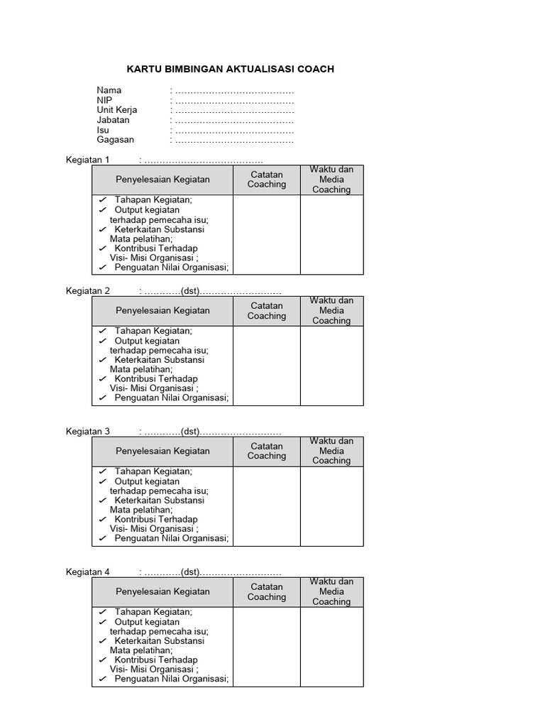 Kartu Bimbingan Aktualisasi Coach | PDF