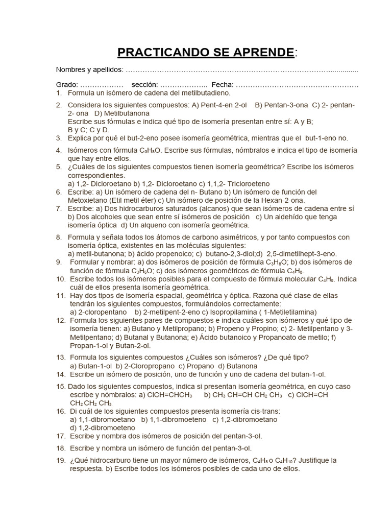 Practicando Se Aprende | PDF | Isómero | Sustancias químicas