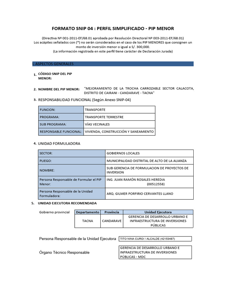 Formato Snip 04 Trocha Calacota | PDF | Agricultura | Oferta (economía)
