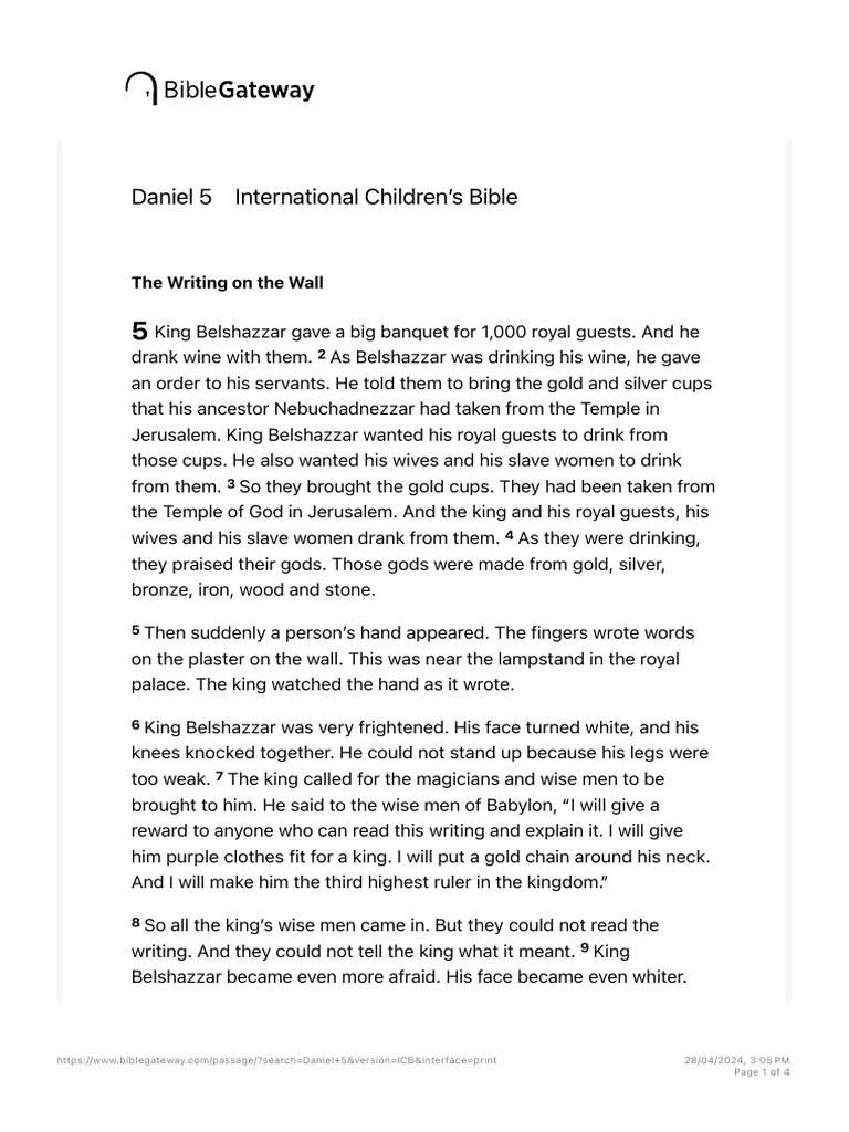 Daniel 5 ICB - The Writing On The Wall - King - Bible Gateway | PDF ...