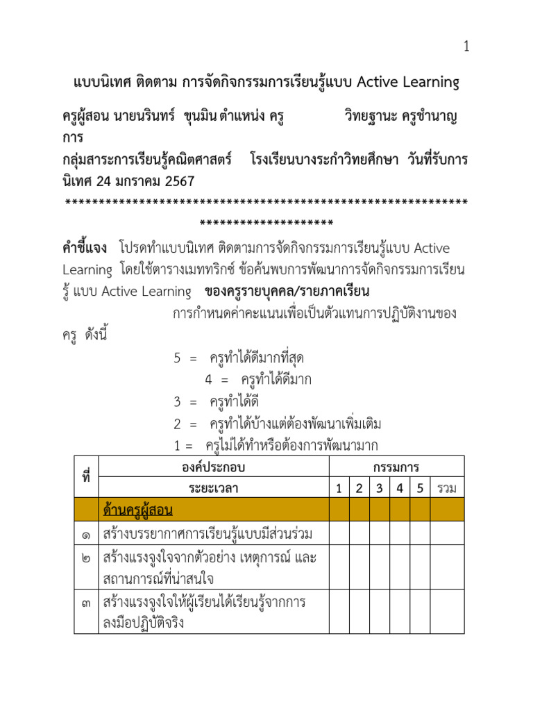 แบบนิเทศ ติดตาม Active Learning 2.66 | PDF