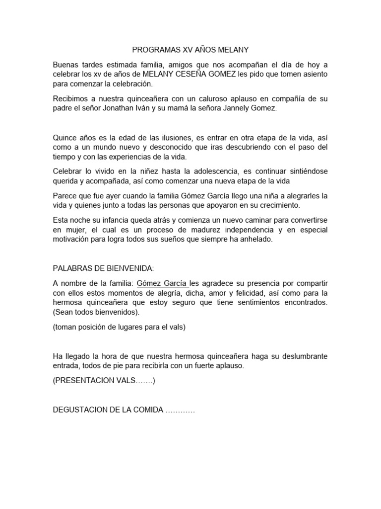 PROGRAMAS XV AÑOS MELANY | PDF