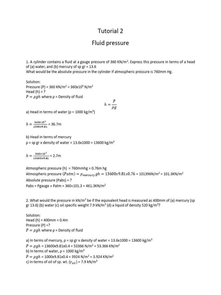 2 Fluid Pressure Tutorial Solution | Download Free PDF | Pressure ... 2 Fluid Pressure Tutorial Solution | Download Free PDF | Pressure ...
