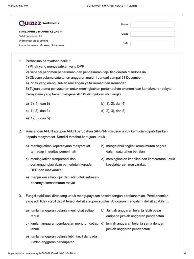 SOAL APBN Dan APBD KELAS 11 - Quizizz | PDF | Bisnis