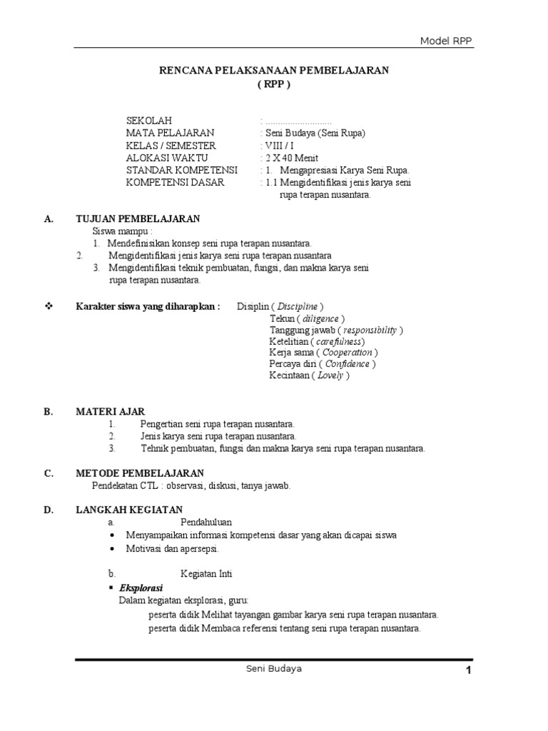RPP Seni Budaya Berkarakter Kelas VIII Semester 1 | PDF