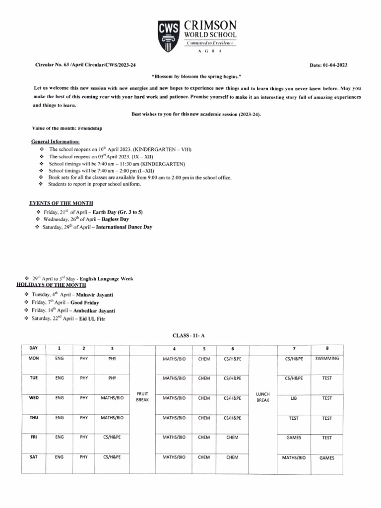 CLASS XI A TIMETABLE | PDF