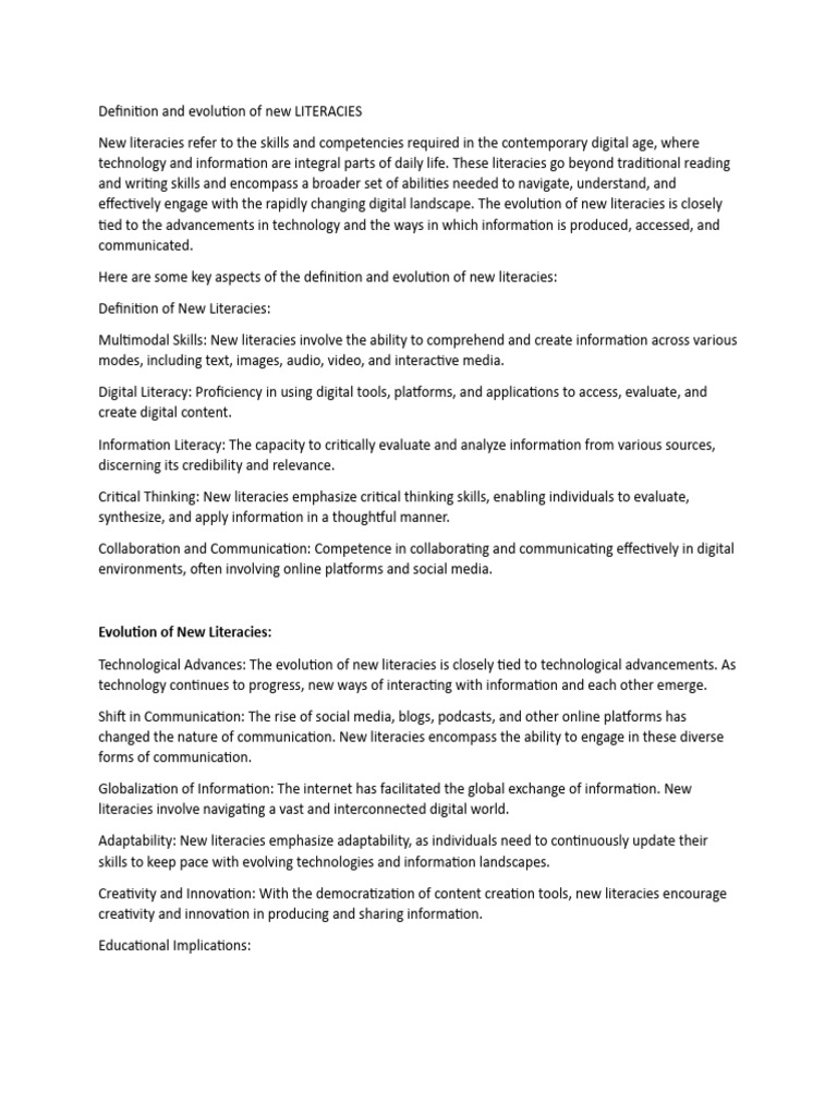 Definition and evolution of new LITERACIES | PDF | Literacy | Cognition