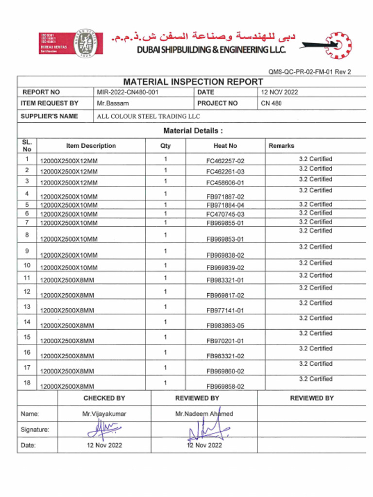 Material Inspection Report 001 | PDF