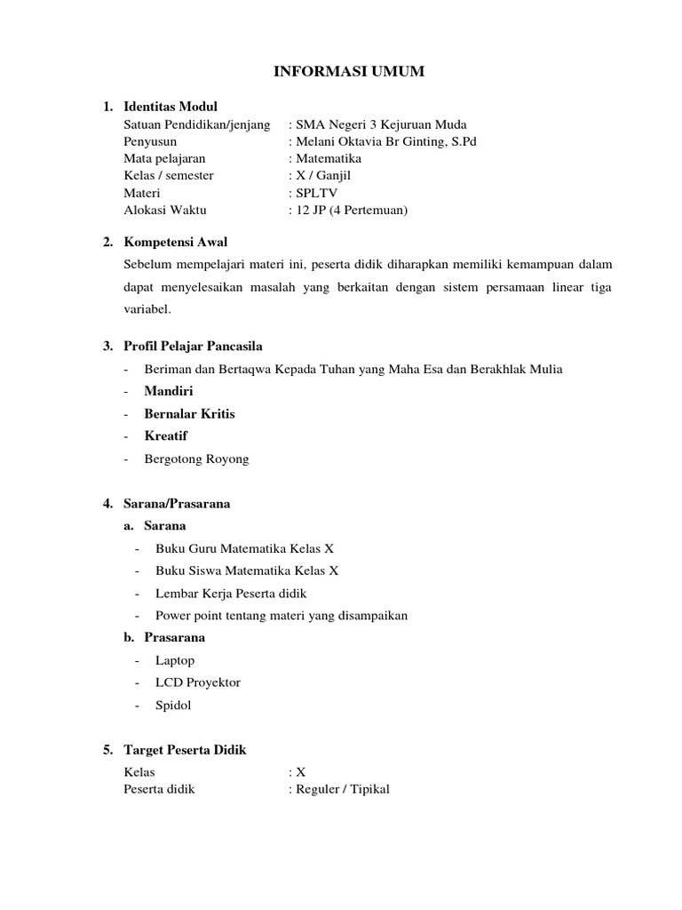 Modul Ajar Matematika SPLTV | PDF | Karier & Perkembangan | Seni