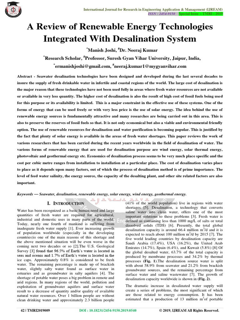 A Review of Renewable Energy Technologies Integrated With Desalination ...
