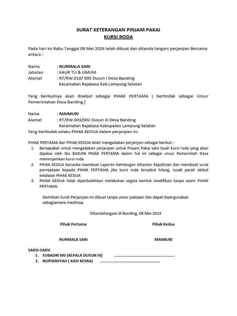 Surat Keterangan Pinjam Pakai Kursi Roda Maimuri | PDF