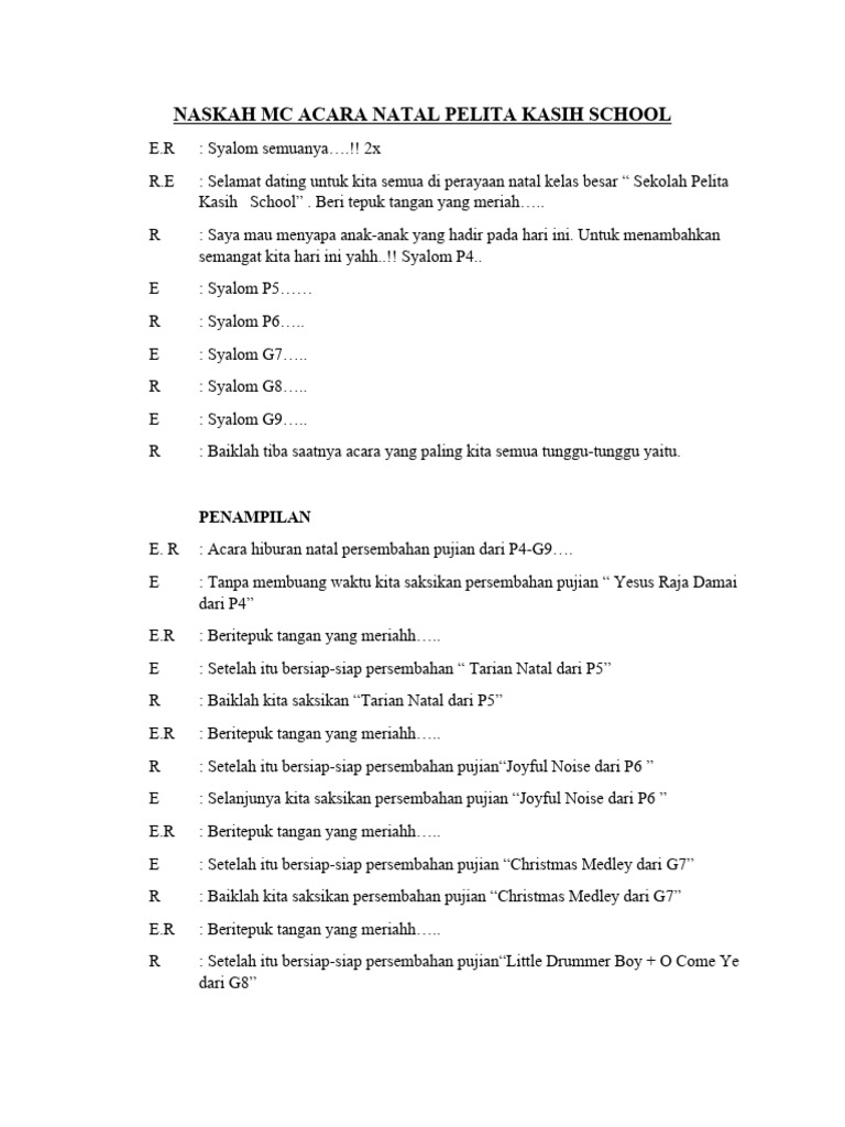 NASKAH MC ACARA NATAL PELITA KASIH SCHOOL | PDF