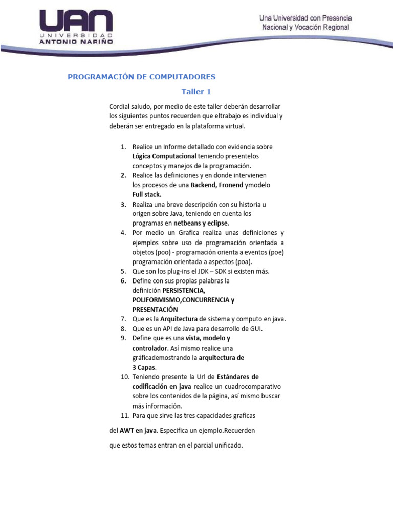 PROGRAMACIÓN DE COMPUTADORES TALLER | PDF | Java (lenguaje de programación) | máquina virtual de ...