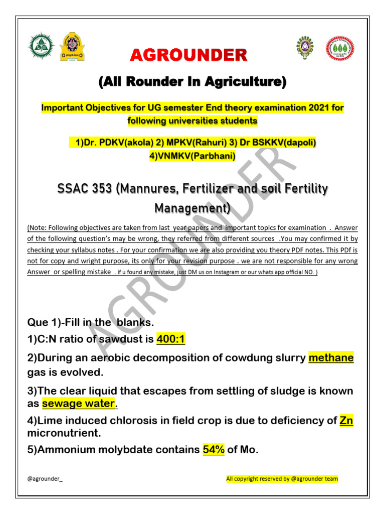 SSAC-353 Objective (@agrounder) | PDF | Fertilizer | Soil