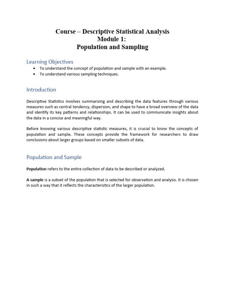 Module 1 - Population and Sampling | Download Free PDF | Sampling (Statistics) | Stratified Sampling