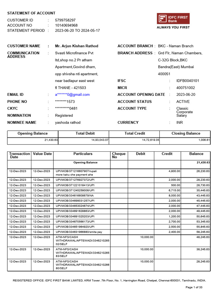 Idfc State | PDF | Debits And Credits | Credit Card