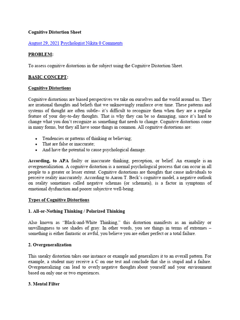Cognitive Distortion Sheet | PDF | Thought | Psychology