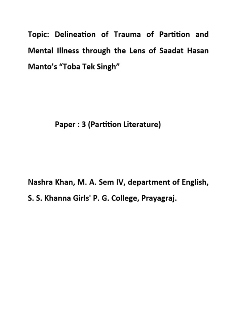 Dissertation (Toba Tek Singh) | PDF | Partition Of India | Pakistan