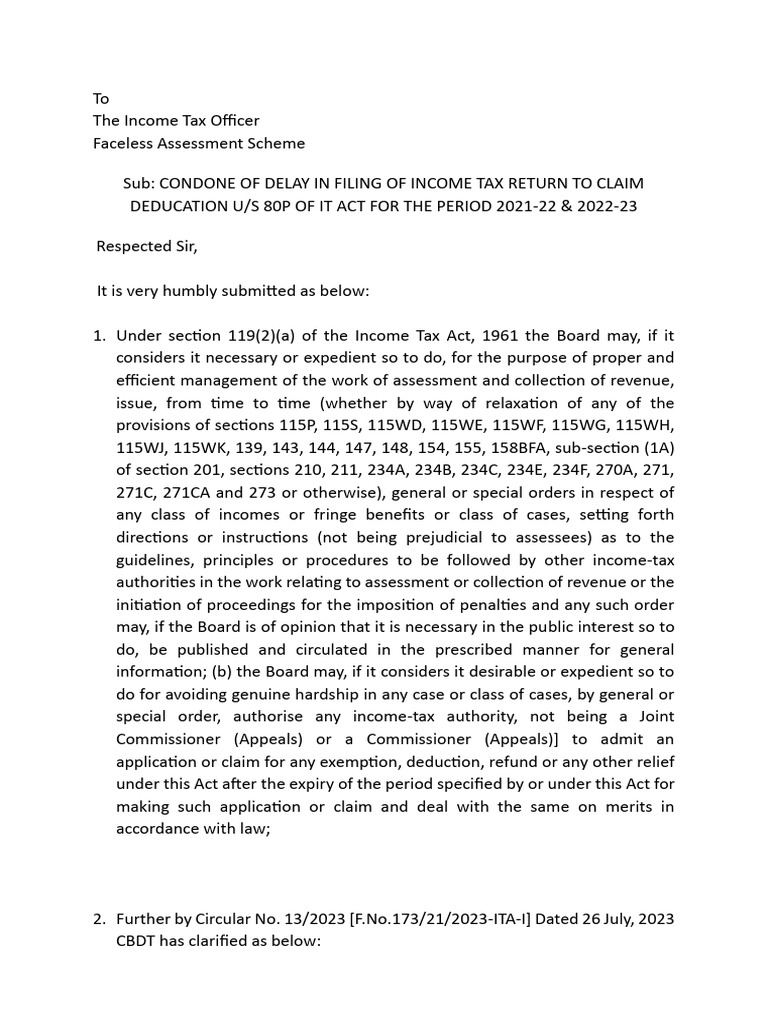 Condonation Request for Income Tax Delay | PDF | Audit | Income Tax