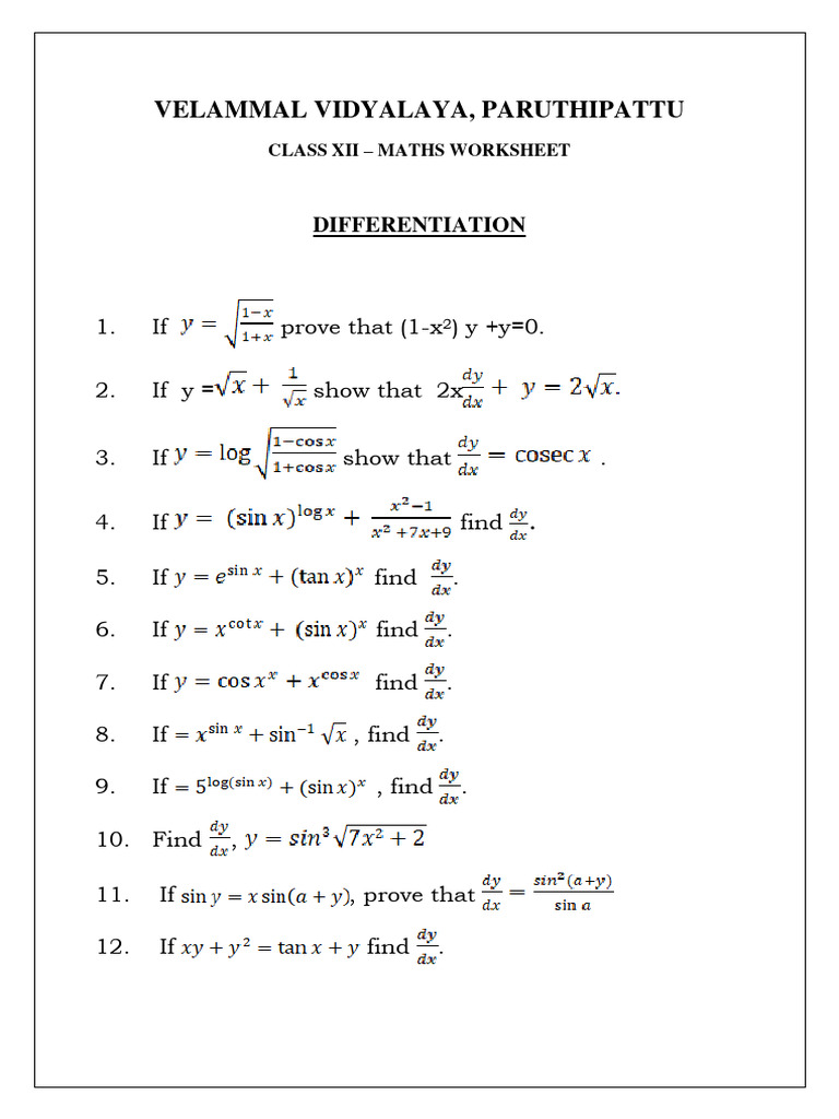 Class XII Maths Differentiation Worksheet | PDF | Teaching Methods ...