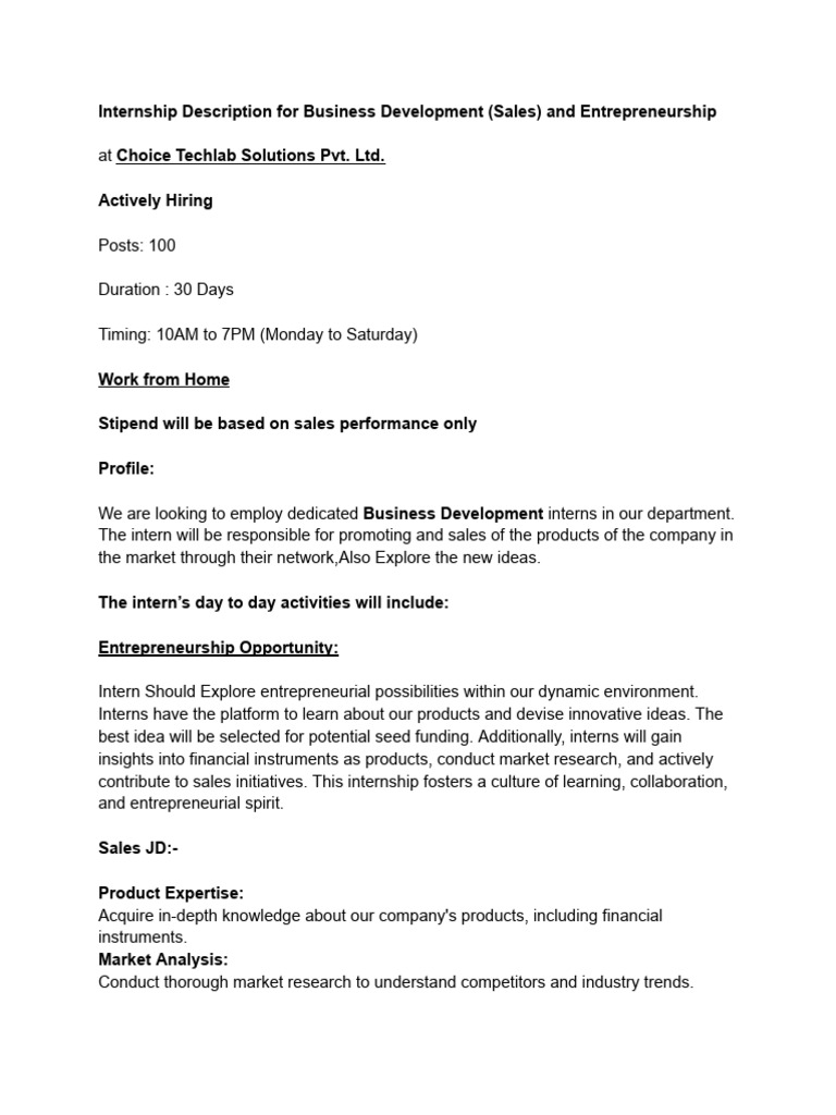Job Description For Business Development (Sales) and Entrepreneurship ...
