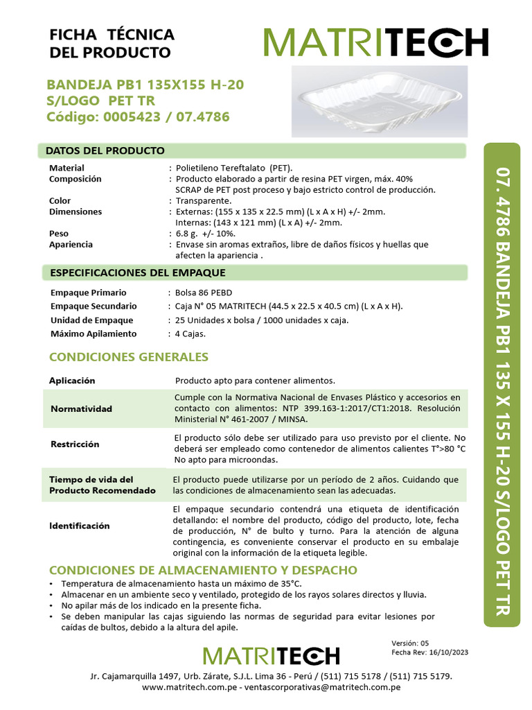 07.4786 V5 Bandeja PB1 135X155 H-20 Slogo Pet TR | PDF | Materiales