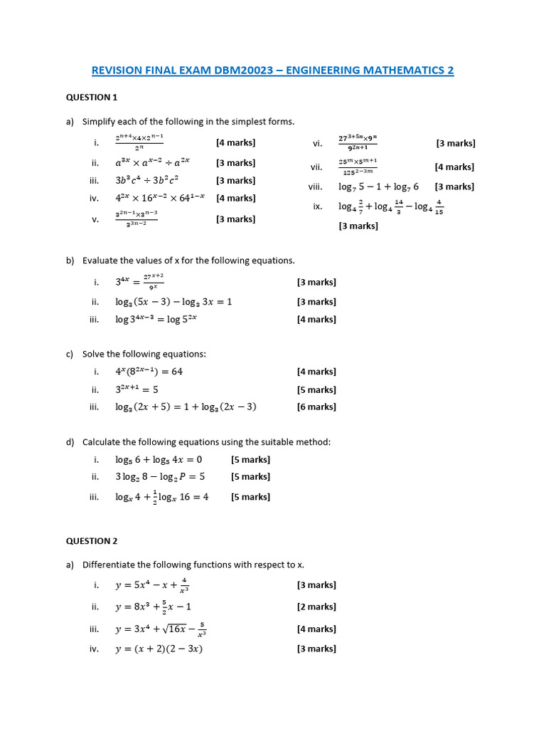 Revision Final Exam DBM20023 | PDF | Equations | Logarithm