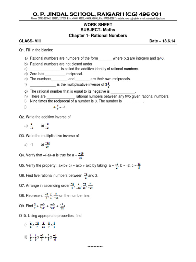CBSE Class 8 Mathematics Worksheet - Rational Numbers (1) - 1 | PDF