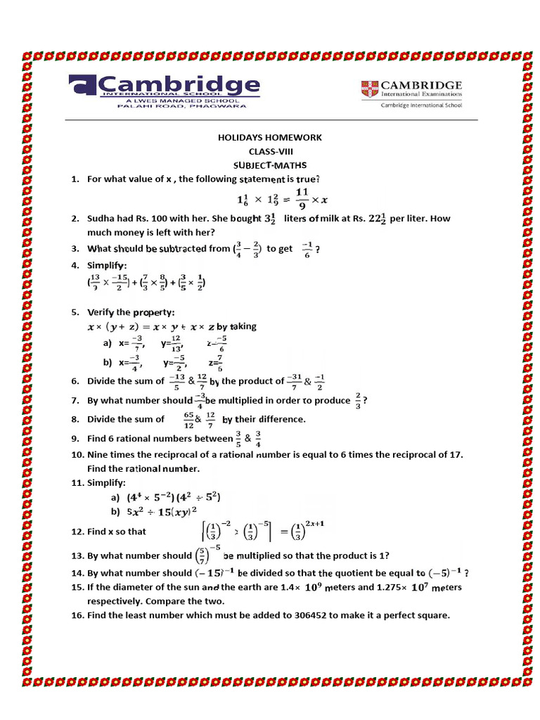Class 8 Maths Holiday Homework | PDF | Mathematics | Rational Number