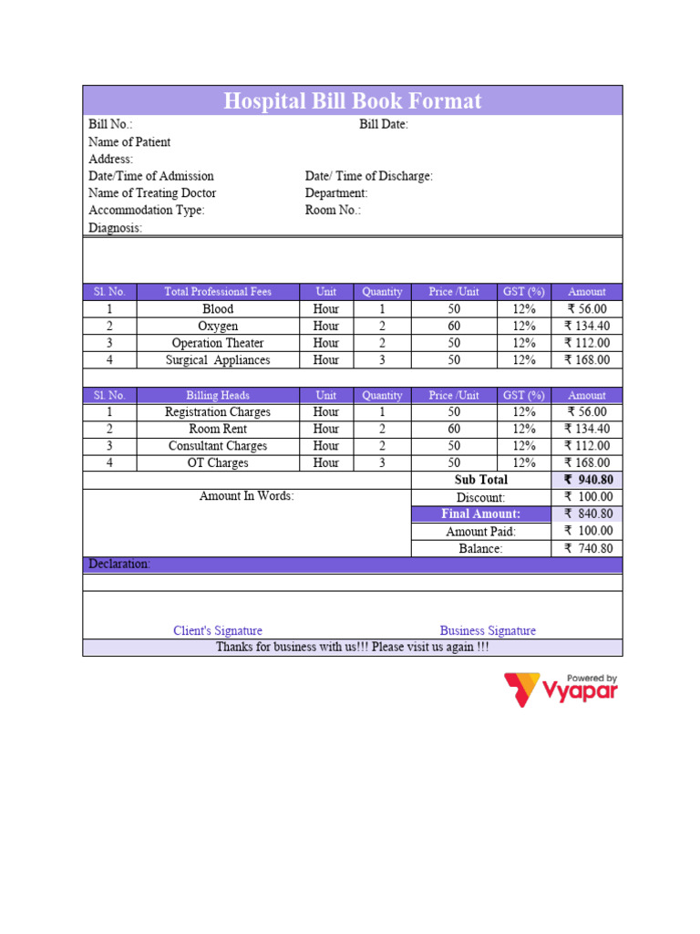 Hospital Bill Book Format 03 | PDF