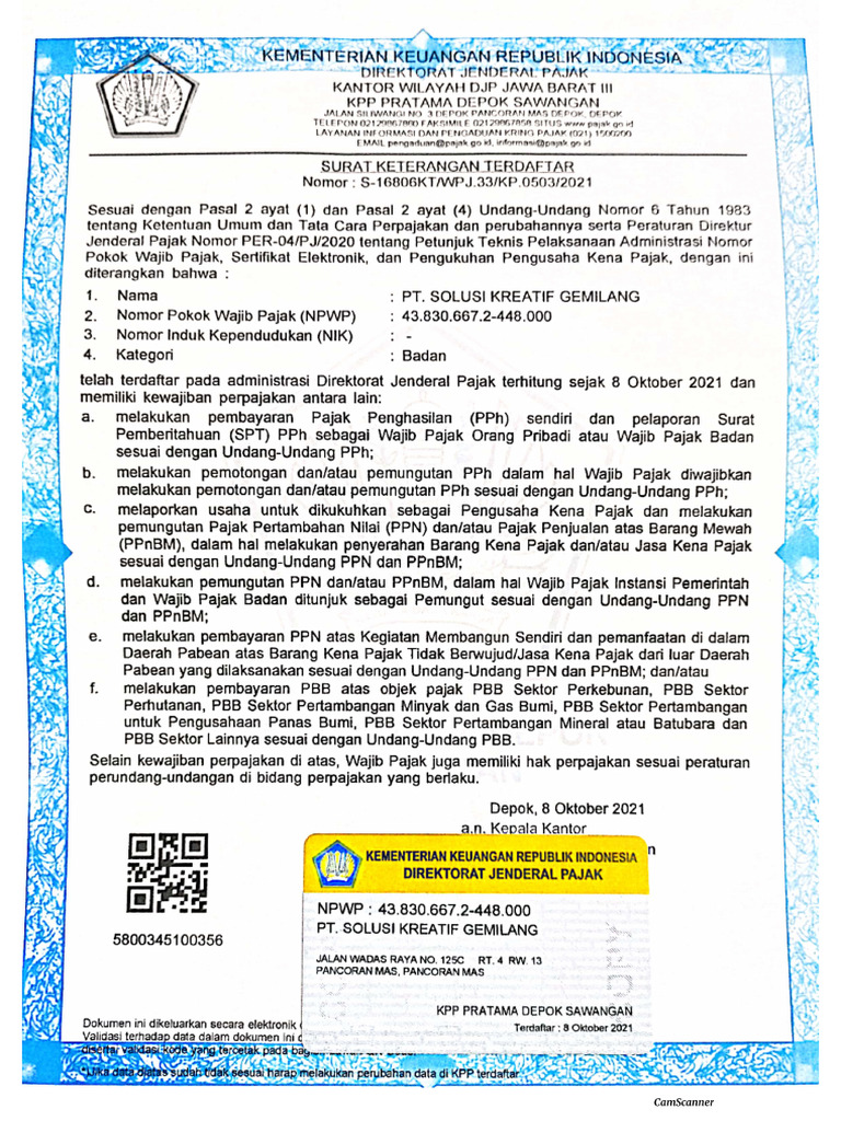 NPWP Dan SKT PT Solusi Kreatif Gaemilang | PDF