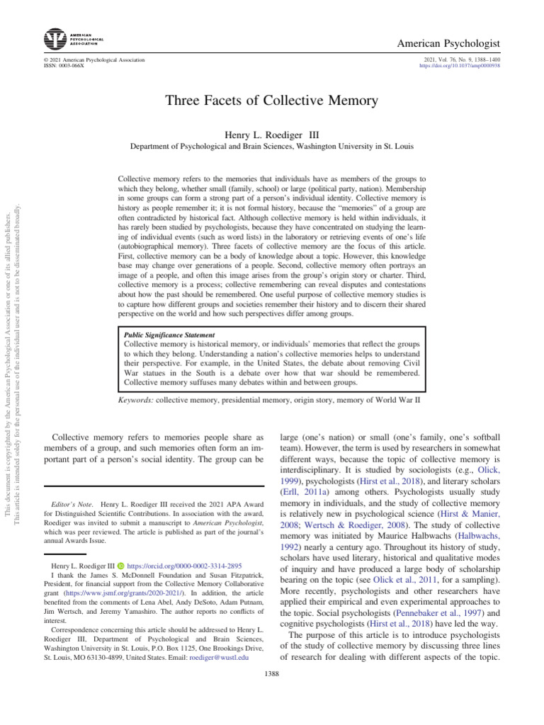 Three Aspects of Collective Memory | PDF | Memory | Psychology