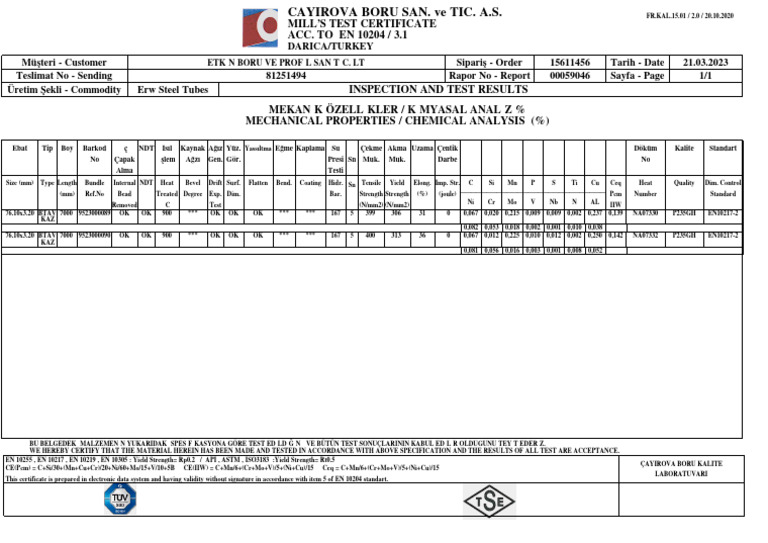 Mill Test Certificate Sample
