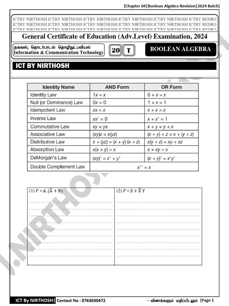 Boolean Algebra 2024) - Online Class - ICT by NIRTHOSH | PDF