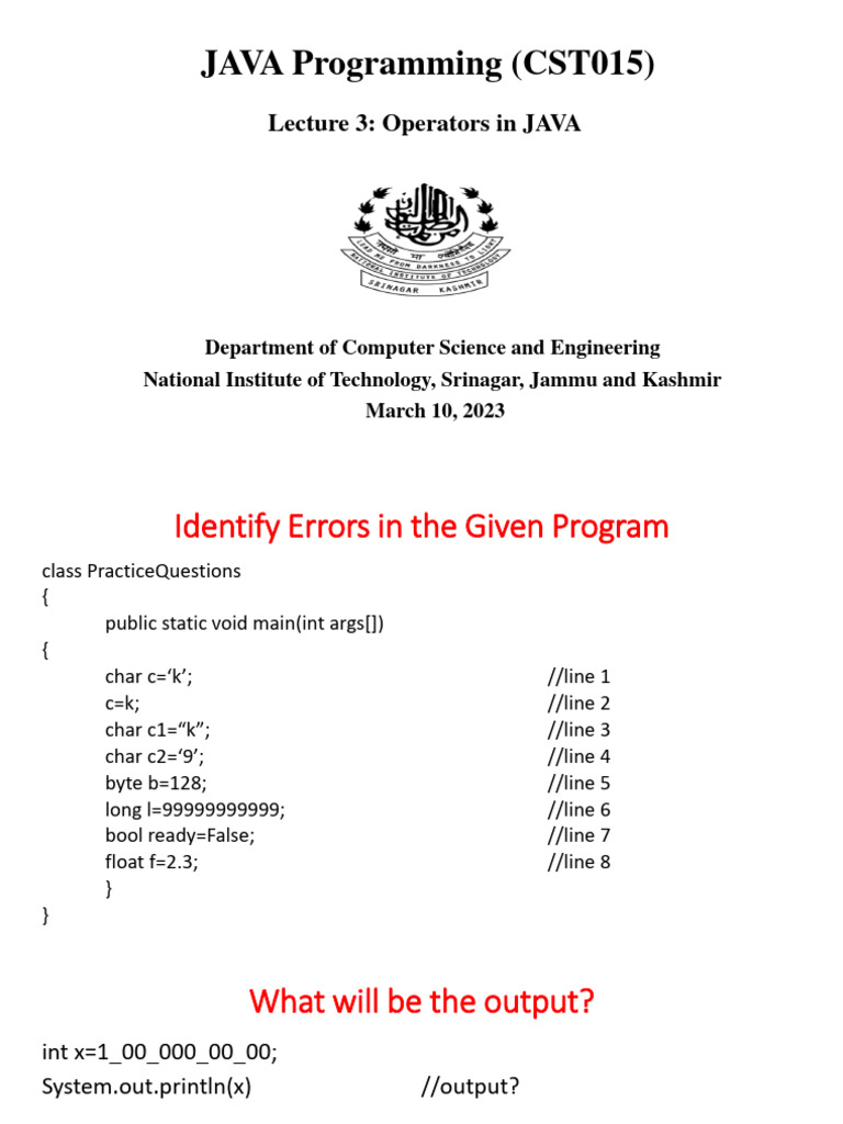 Lecture 3 Operators in JAVA | PDF | Reserved Word | Object Oriented Programming