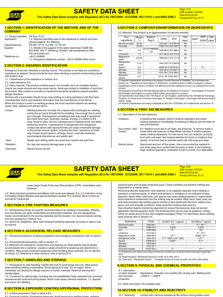 ESAB MSDS | PDF | Welding | Construction