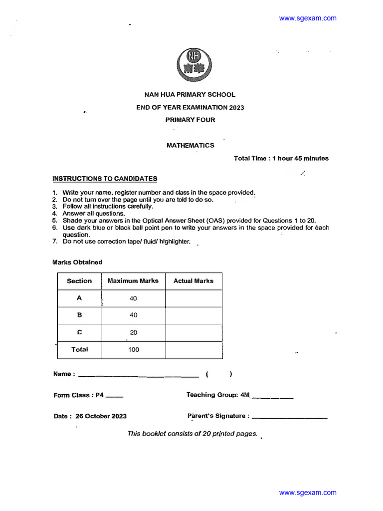 2023-P4-Maths-End of Year Exam-Nan Hua | Download Free PDF | Tests ...