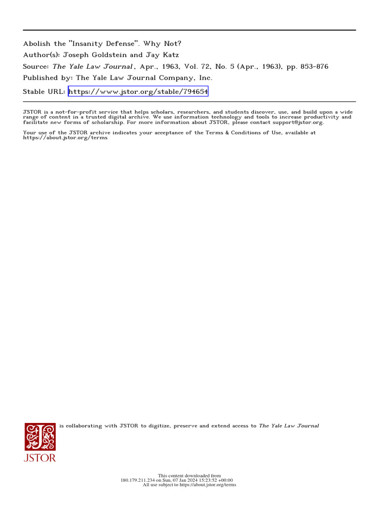 7 Goldstein-AbolishInsanityDefense-1963 | PDF | Insanity Defense | Mens Rea
