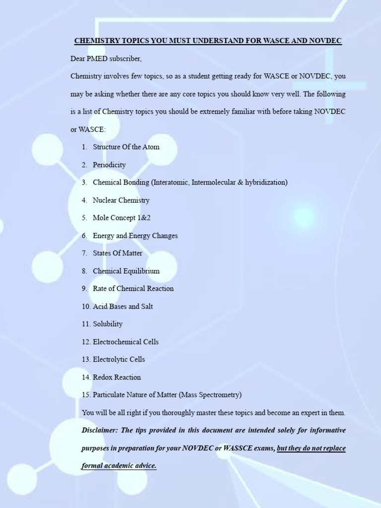 Chemistry Topics You Must Understand For Wasce and Novdec | PDF