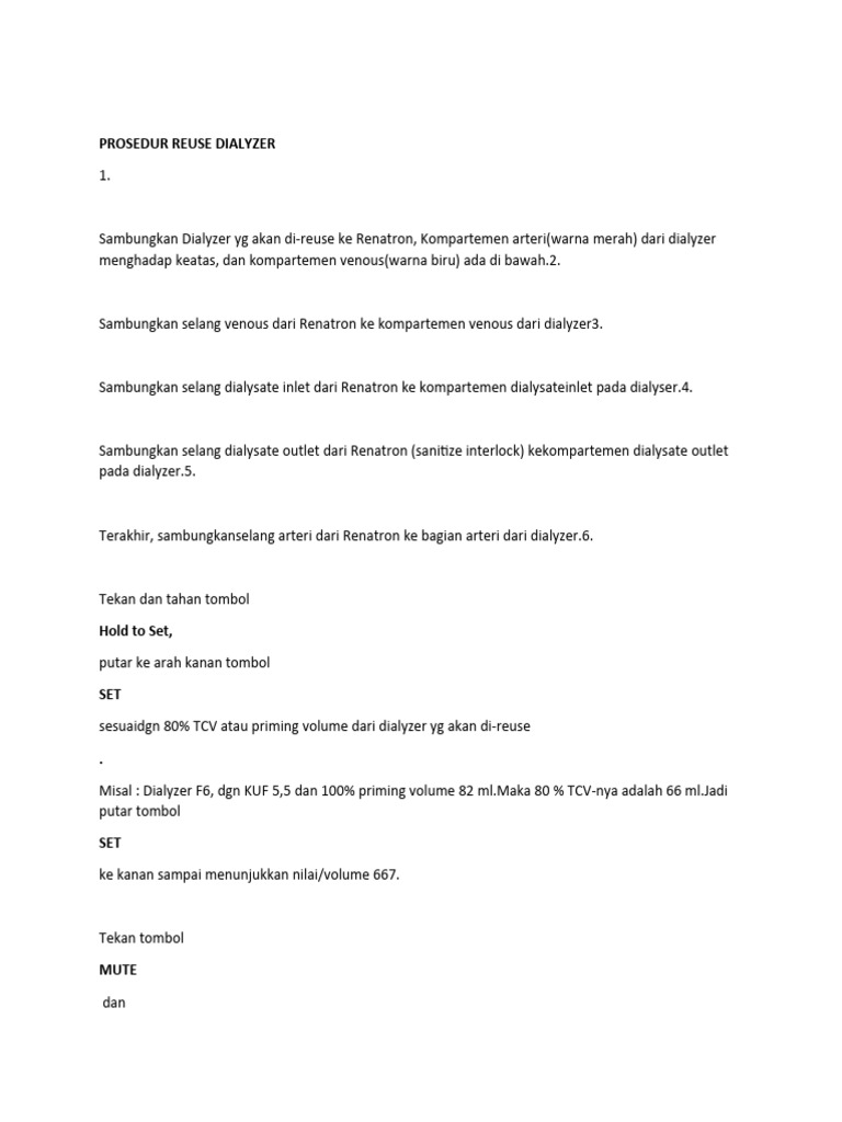 Prosedur Reuse Dialyzer | PDF