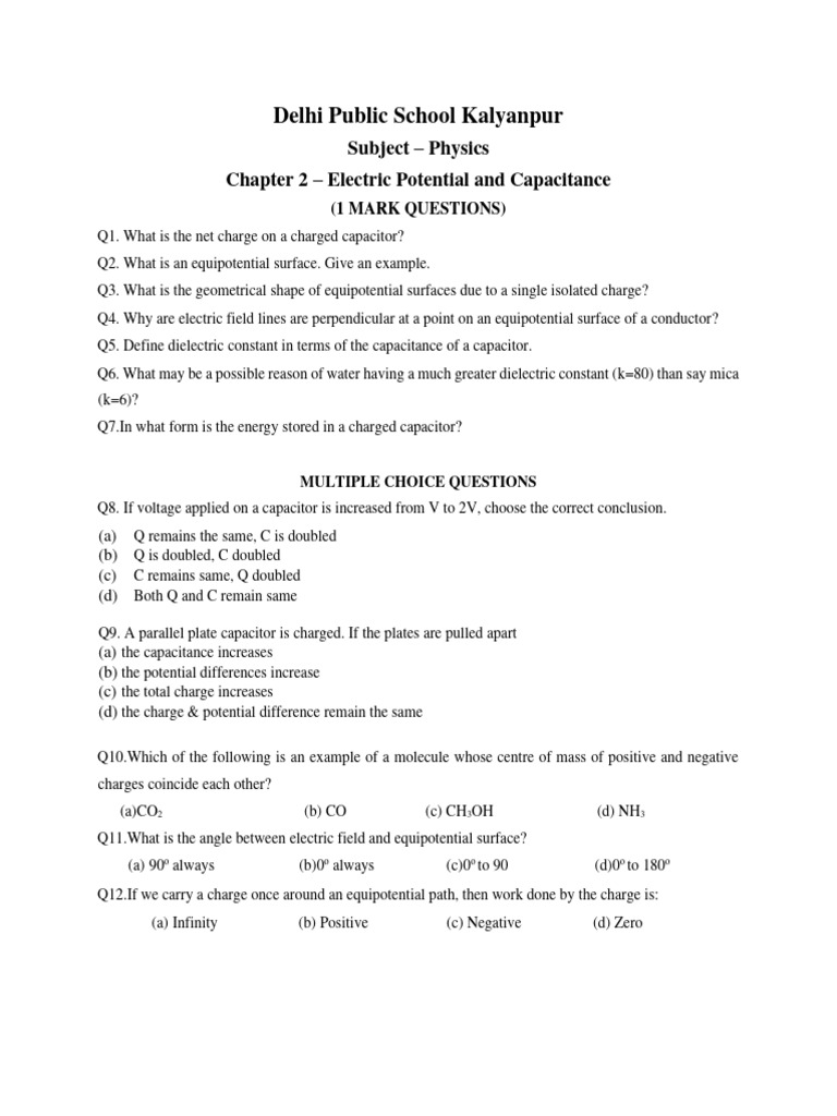 Class 12 Electric Potential and Capacitance Worksheet | Download Free ...