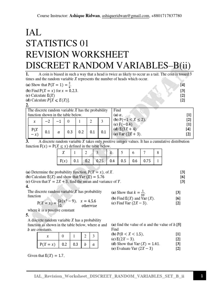 IAL Revision Worksheet Discreet Random Variables SET B II | PDF | Random Variable | Statistical ...